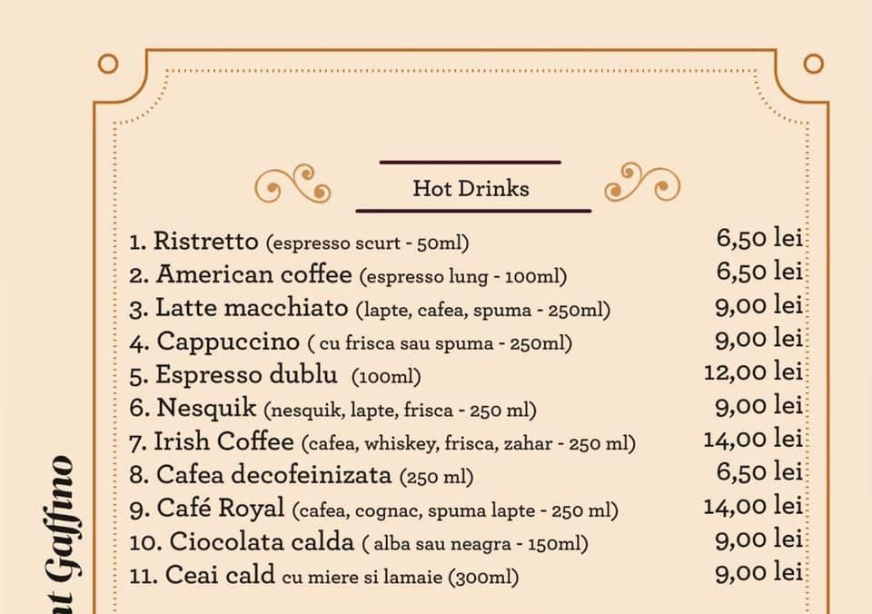 Menu at Gafino, Galați