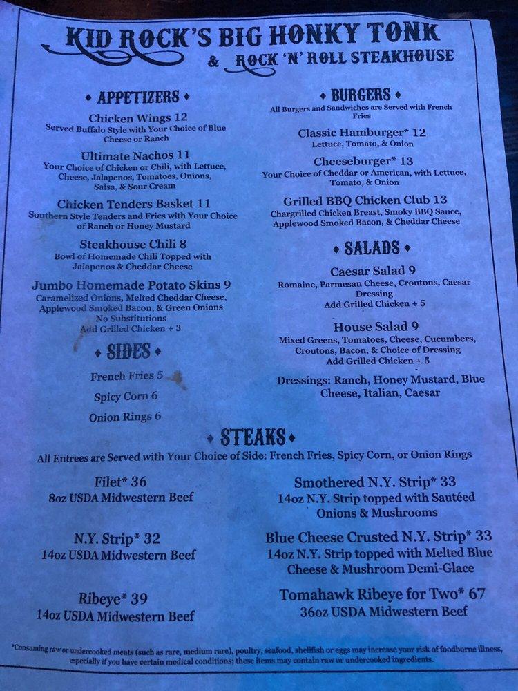 Menu at Kid Rock's Big Ass Honky Tonk Rock N' Roll Steakhouse, Nashville