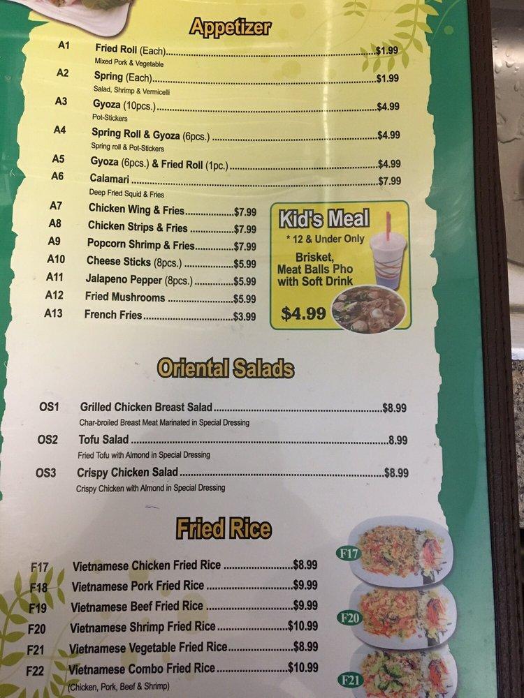 Menu at Pho Ever Vietnamese Cuisine restaurant, Longview