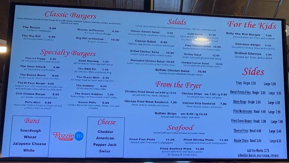 Menu at Rozzie B's restaurant, Mont Belvieu, Eagle Dr