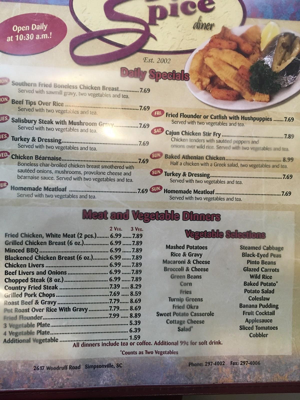 Menu at Spice Diner restaurant, Simpsonville