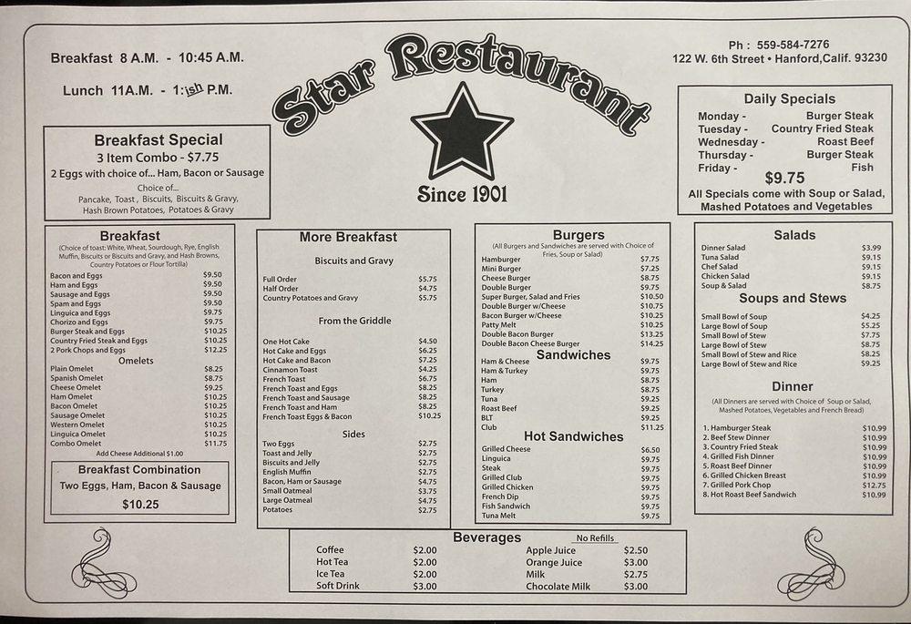 Menu at Star Restaurant, Hanford
