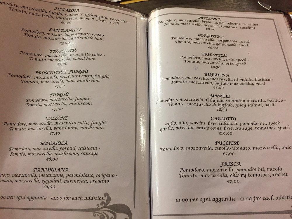Menu at Trattoria Alle Lance pizzeria, Venice