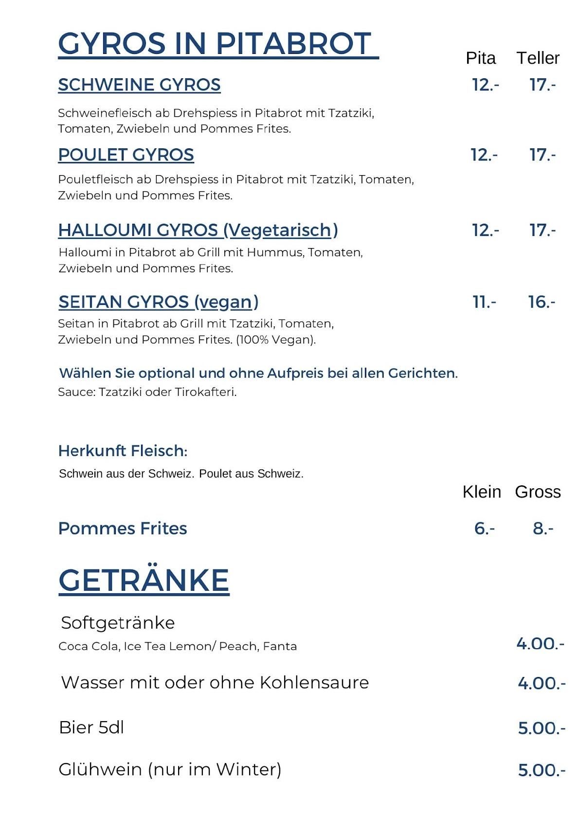 Menu da Zeus Greek God of Gyros, Zurigo, Hardstrasse 243