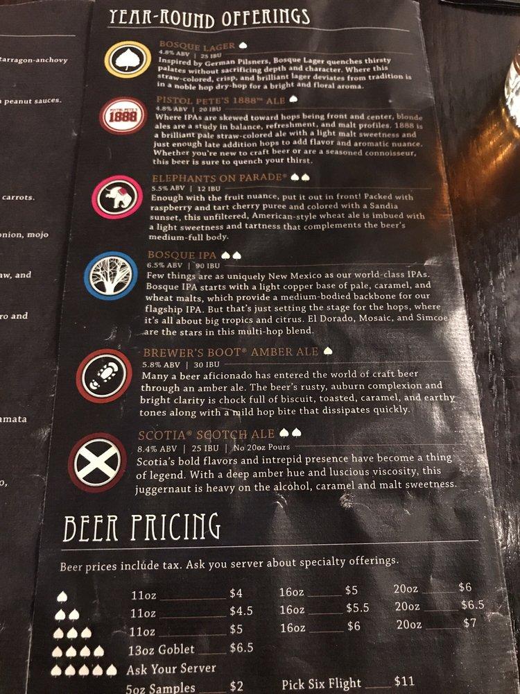 Menu at Bosque Brewing restaurant, Albuquerque
