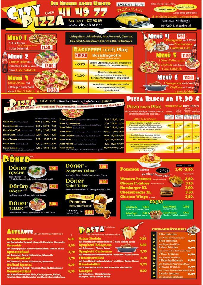 Menu at City Pizza, Düsseldorf, Matthiaskirchweg 4