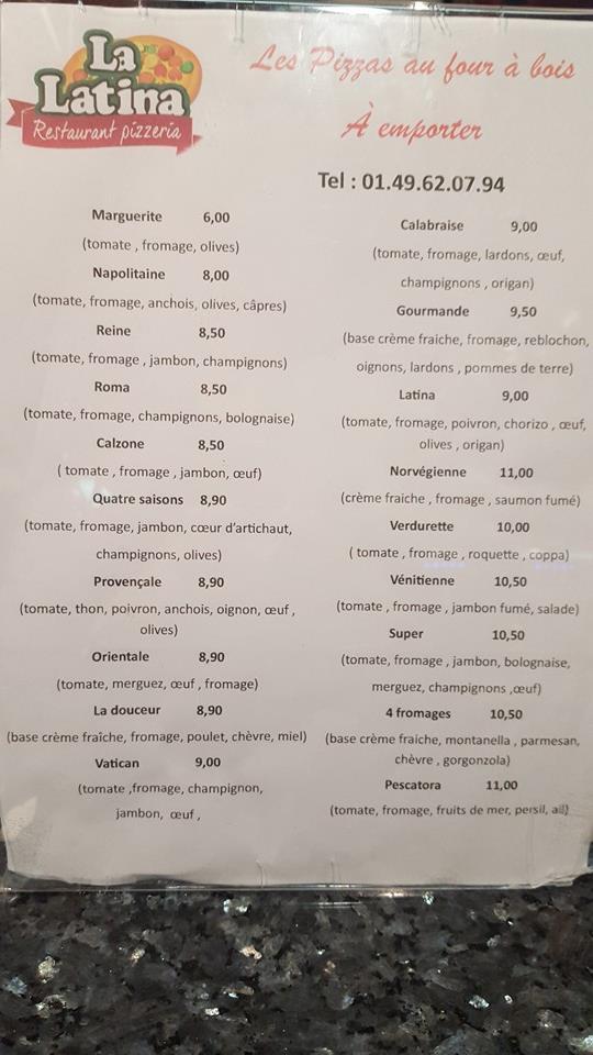 Menu au La Latina pizzeria, Noiseau