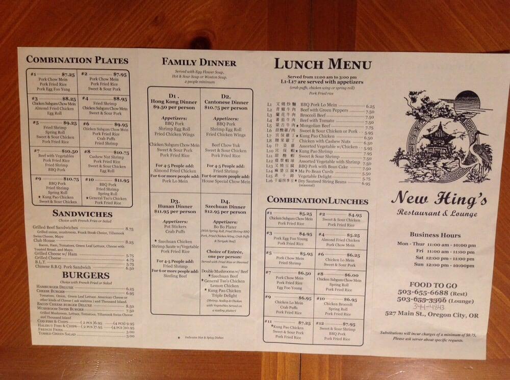 Menu at New Hing's Restaurant, Oregon City
