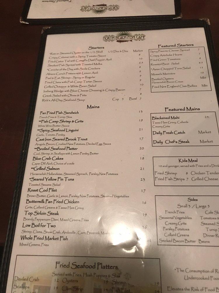 Menu at North Beach Fish Camp pub & bar, Neptune Beach