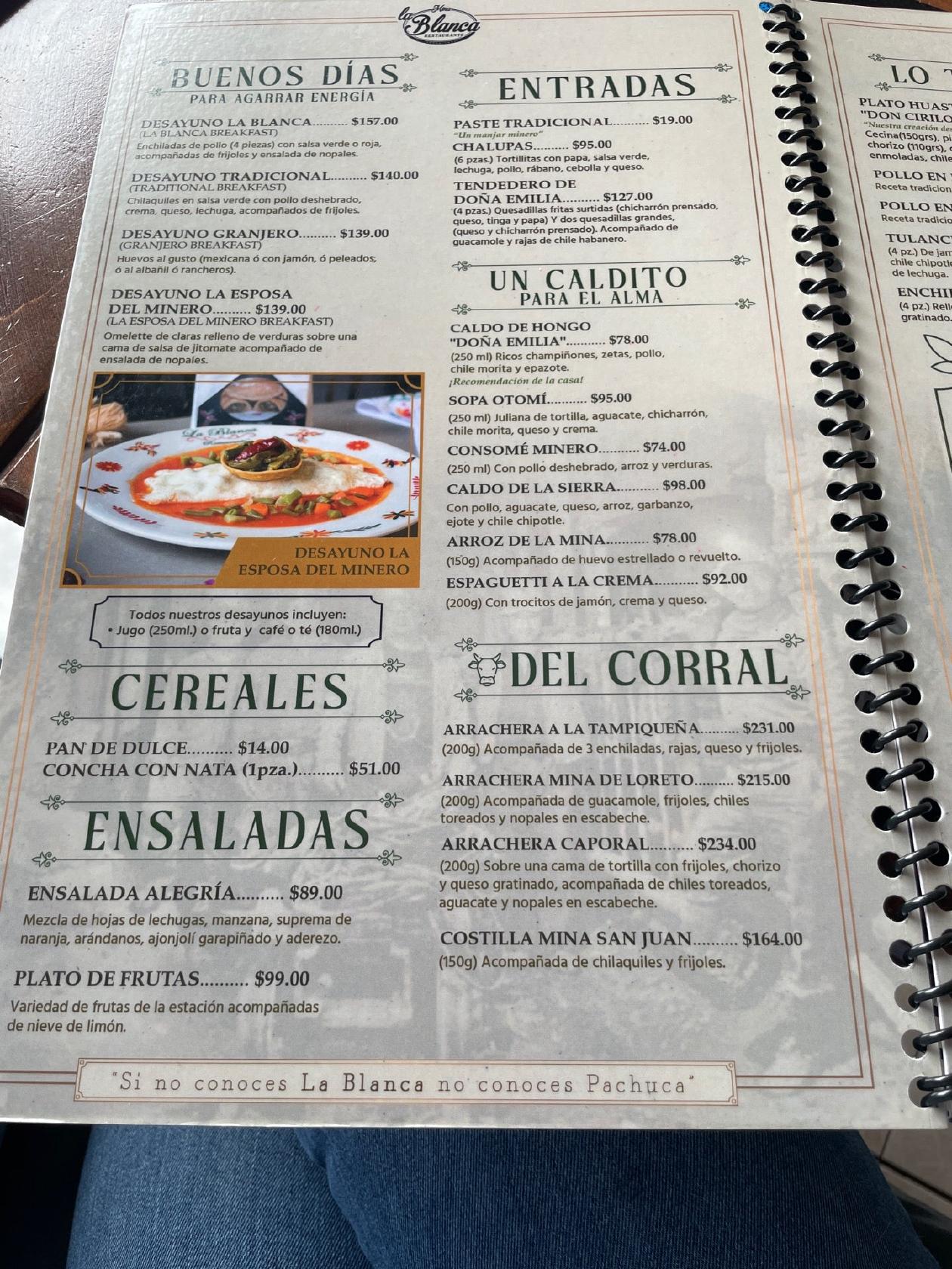 Carta de Restaurante La Blanca, Pachuca de Soto