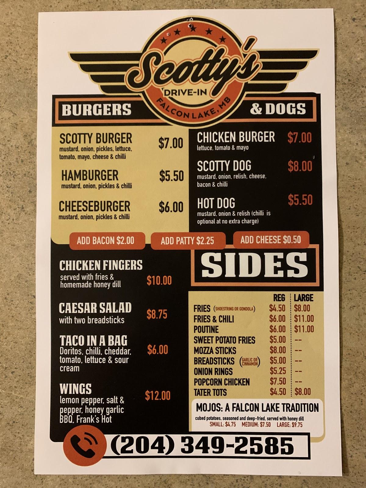 Menu at Scotty's Drive In pizzeria, Falcon Beach