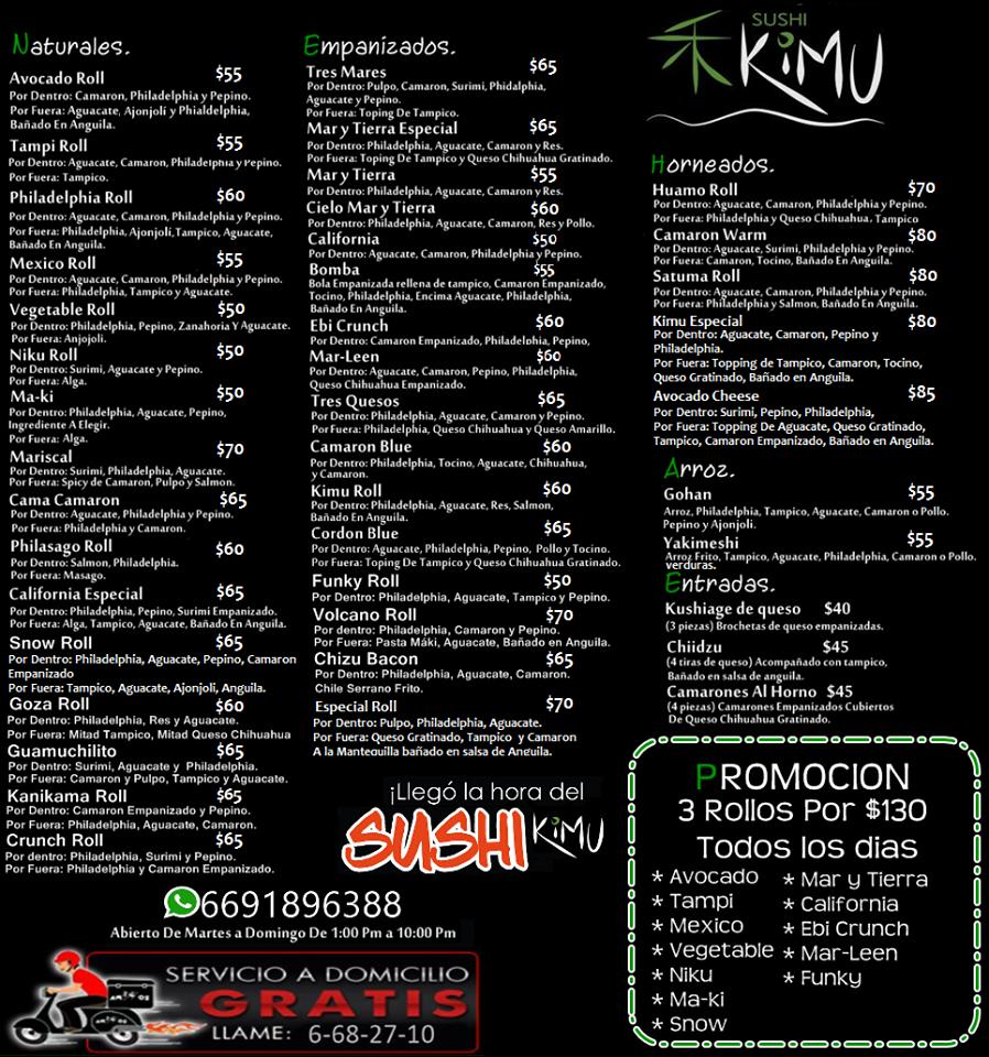 Menu at Sushi Kimu restaurant, Caimanero