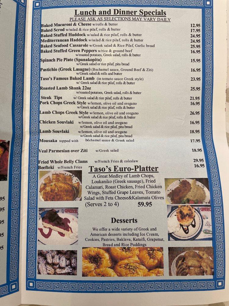 Menu at Taso's Euro Cafe, Norwood
