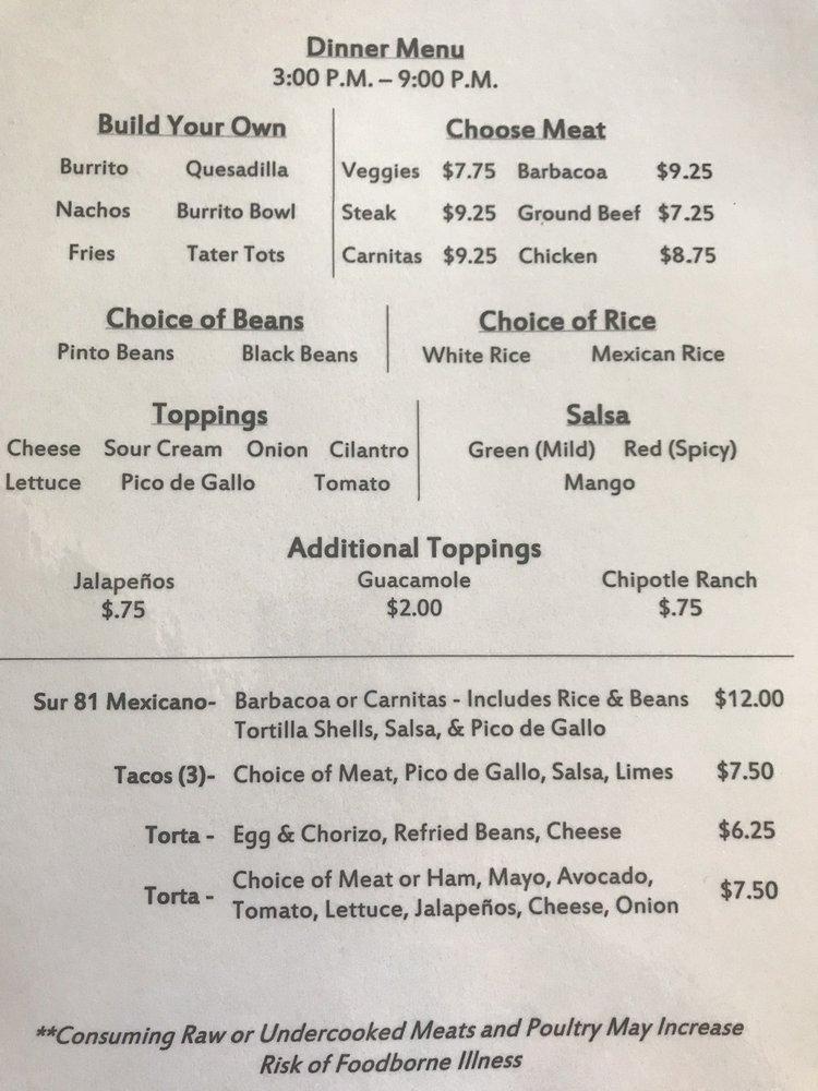 Menu at Sur 81 restaurant, Marion, VA-16