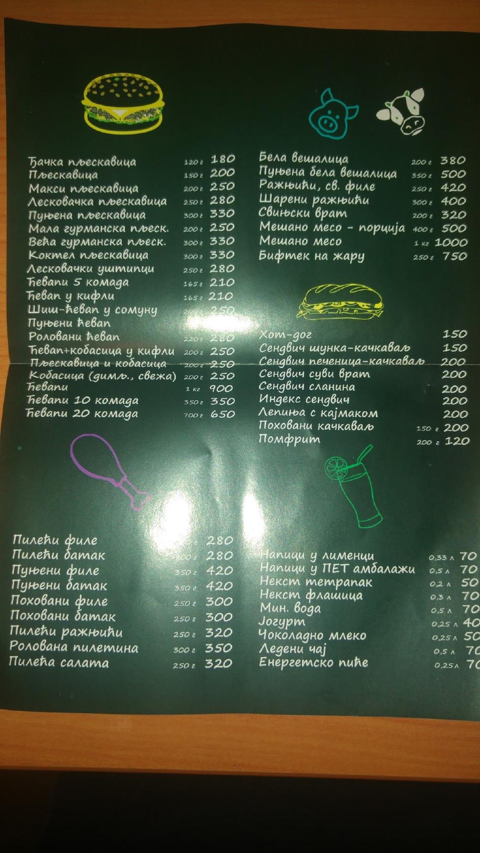 Menu at Čaki restaurant, Belgrade