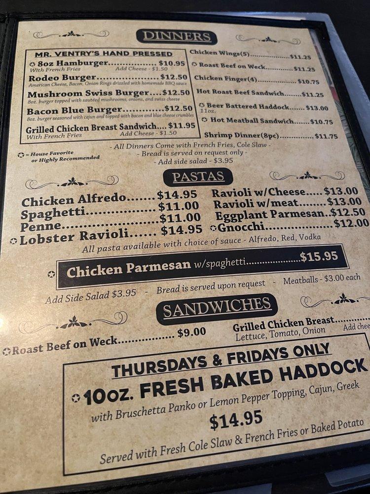Menu at Mr. Ventry's Pizza on the Boulevard pizzeria, Niagara Falls