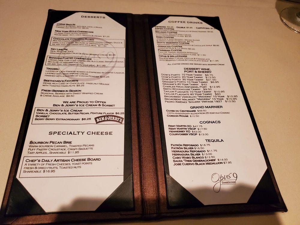 Menu at Opus 9 Steakhouse, Williamsburg