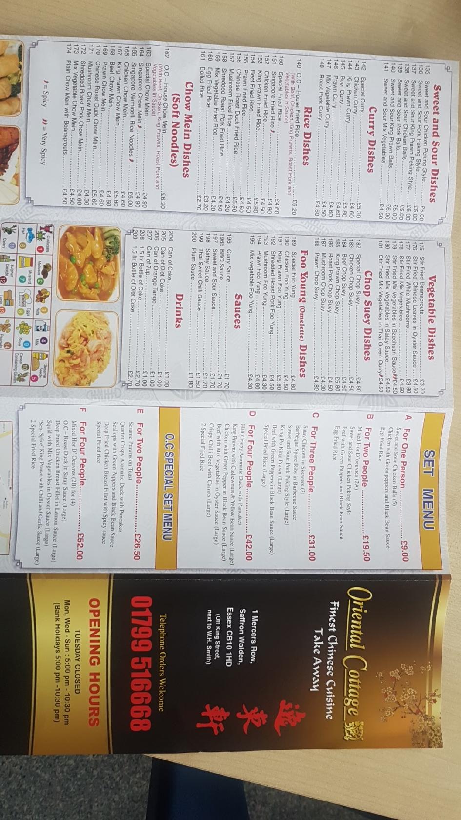 Menu at Oriental Cottage restaurant, Saffron Walden