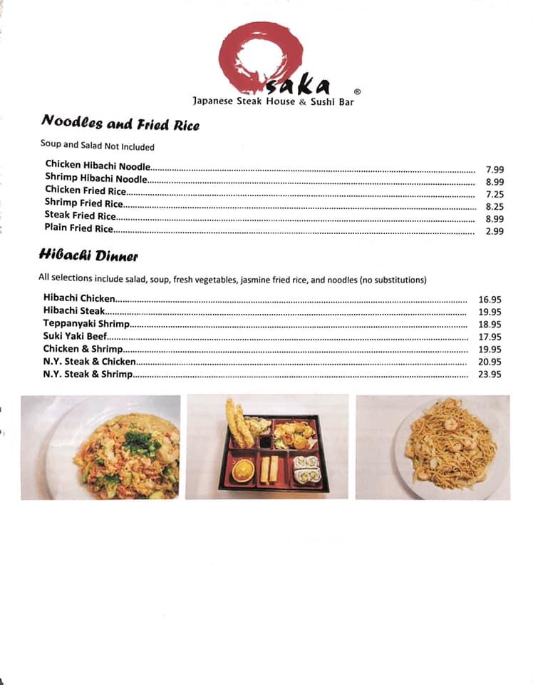 Menu at Osaka Japanese Cuisine restaurant, Houma