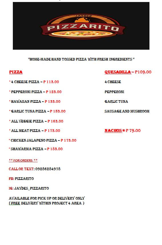 Menu at Pizzarito restaurant, Quezon City