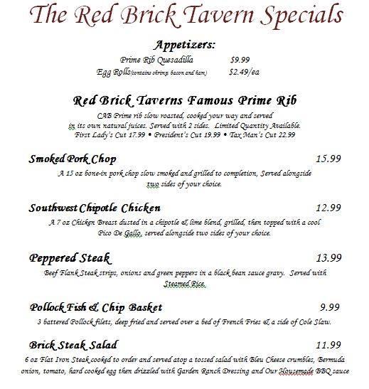 Menu at Red Brick Tavern pub & bar, London, Cumberland St