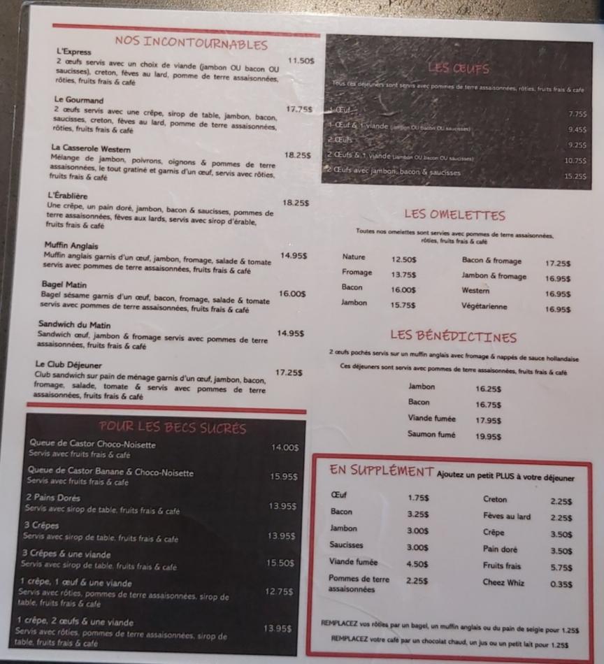 Menu au Restaurant L'Express, Sainte-Anne-des-Monts