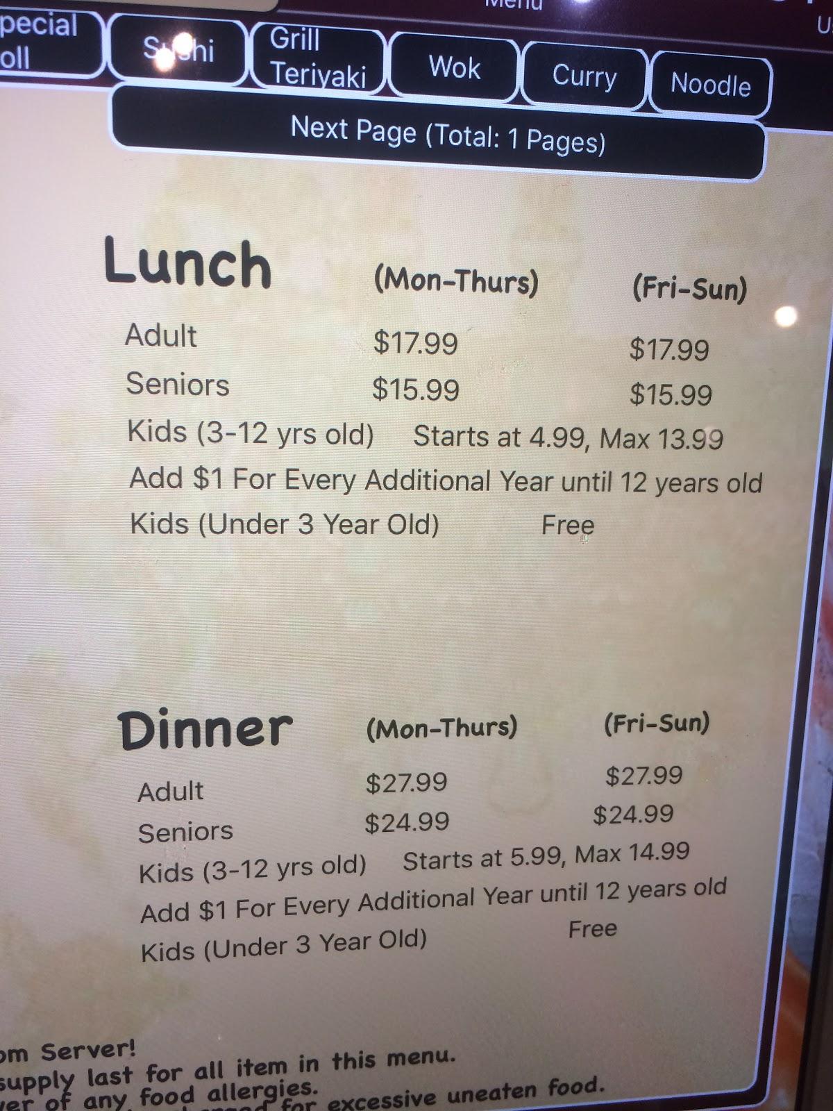 Menu at Tokyo 1 restaurant, Kelowna