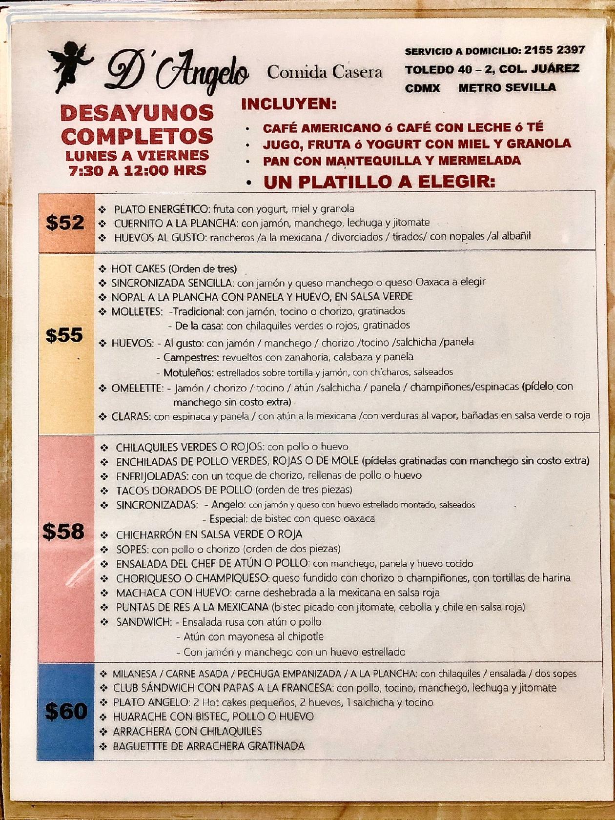 Menu at D'Angelo restaurant, Mexico City