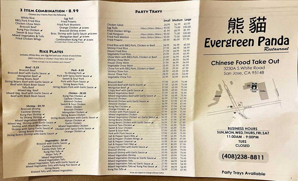 Menu at Evergreen Panda Restaurant, San Jose