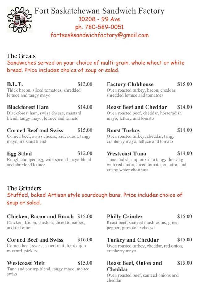 Menu au Fort Saskatchewan Sandwich Factory café, Fort Saskatchewan