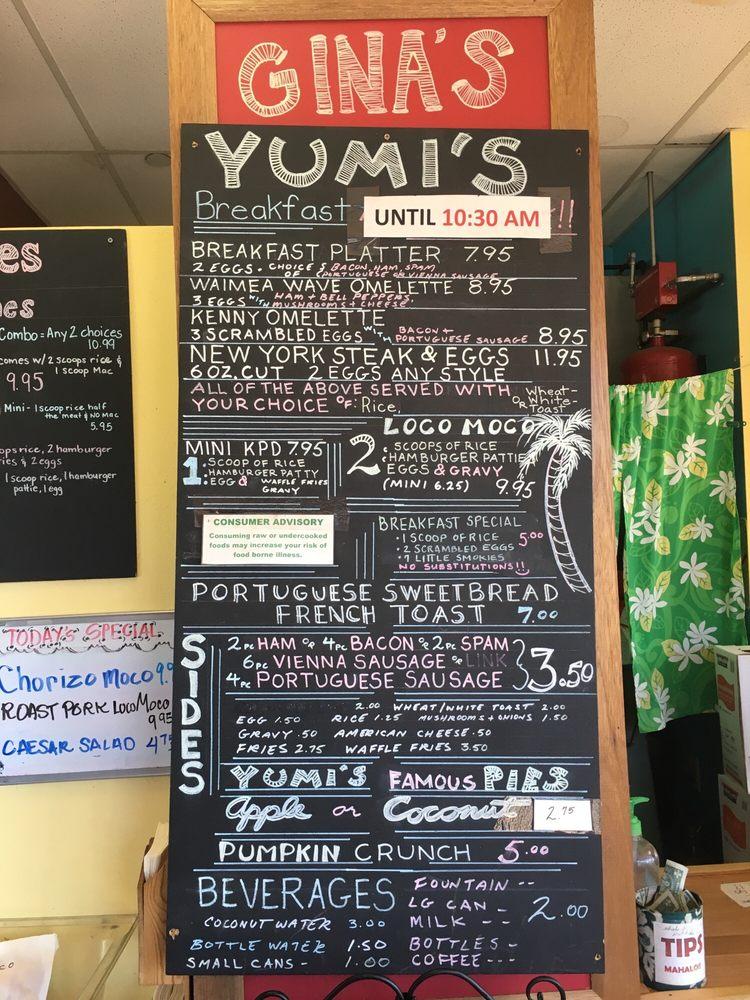 Menu at Gina's Anykine Grinds Cafe, Waimea