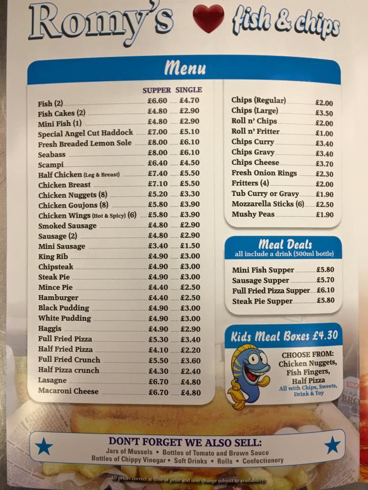 Menu at Romy's & Family Fish And Chips restaurant, Glasgow