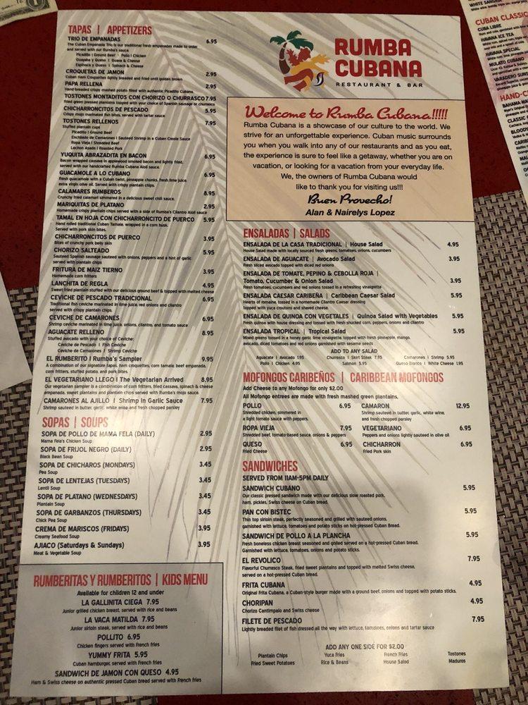 Menu at Rumba Cubana pub & bar, Jersey City