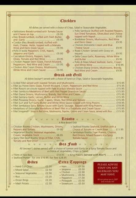 Menu at Sambuca Consett restaurant, Consett