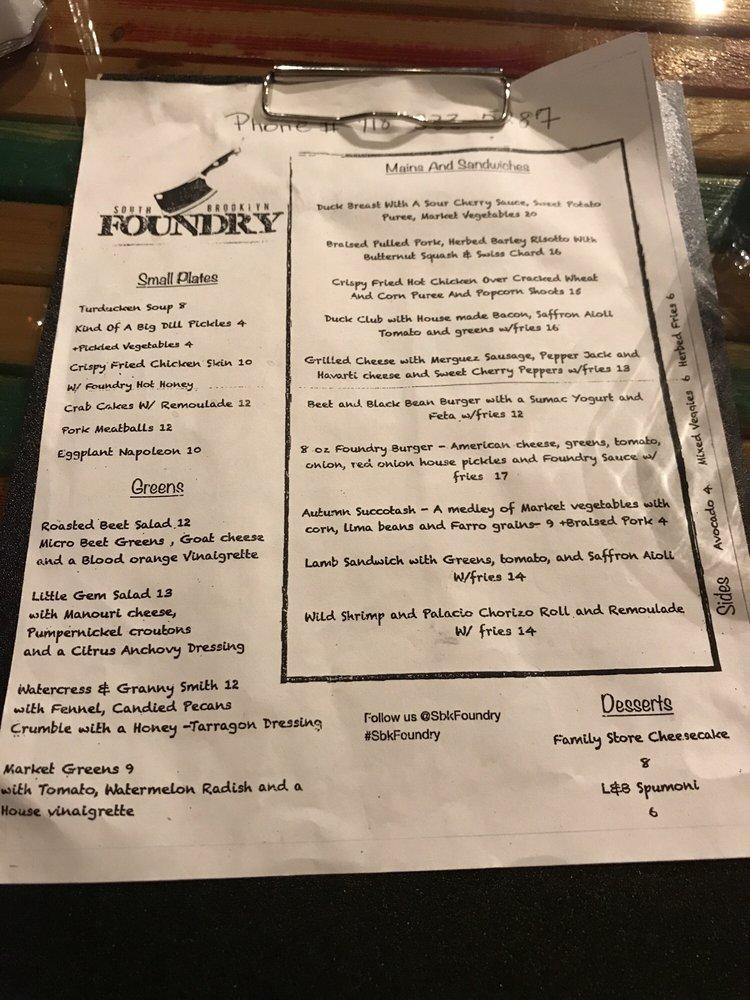 Menu at South Brooklyn Foundry restaurant, New York City