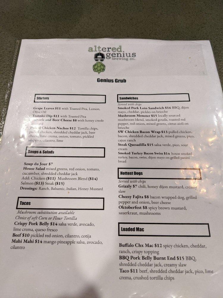 Menu at Altered Genius Brewery restaurant, Ambridge