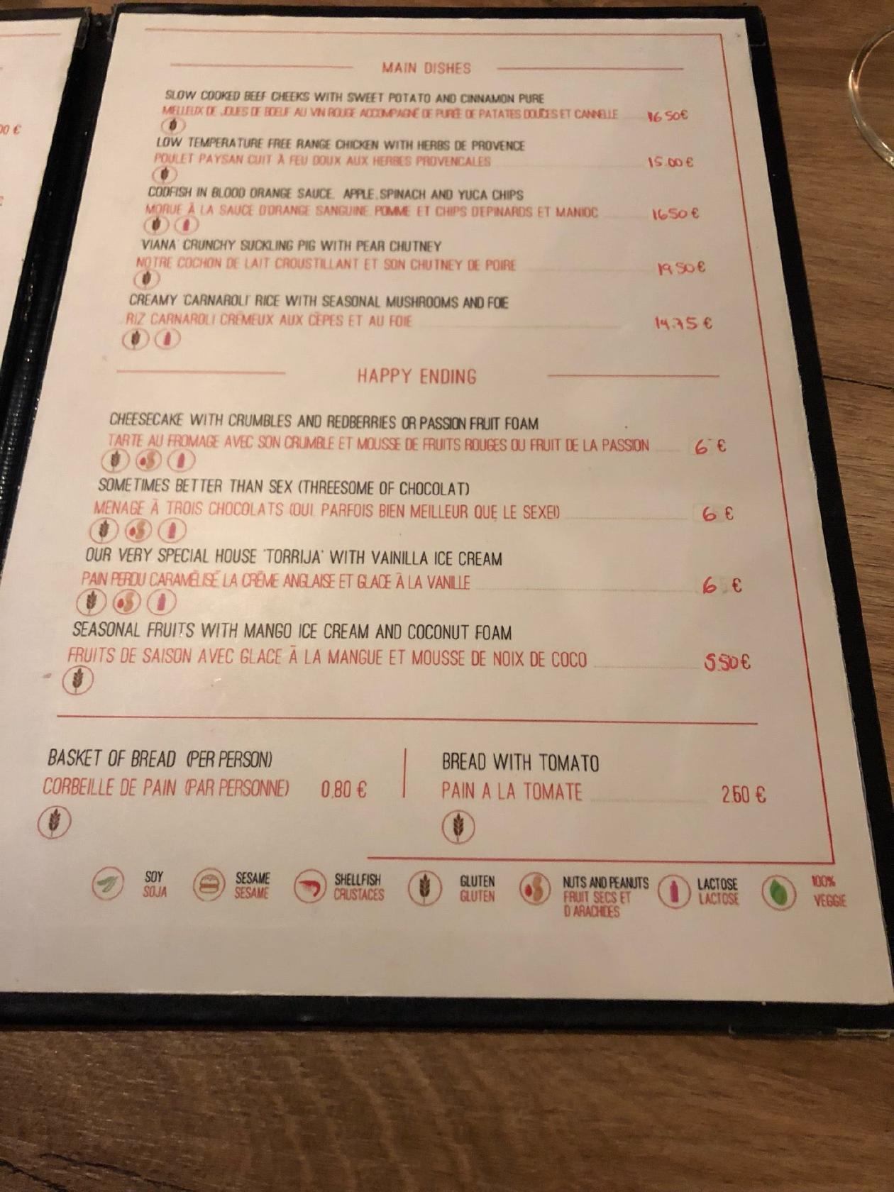 Menu at Gran Viana restaurant, Barcelona