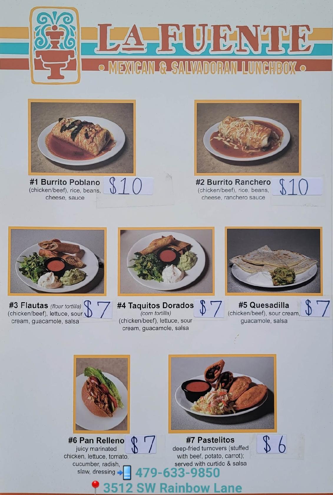 Menu at La Fuente LunchBox restaurant, Bentonville
