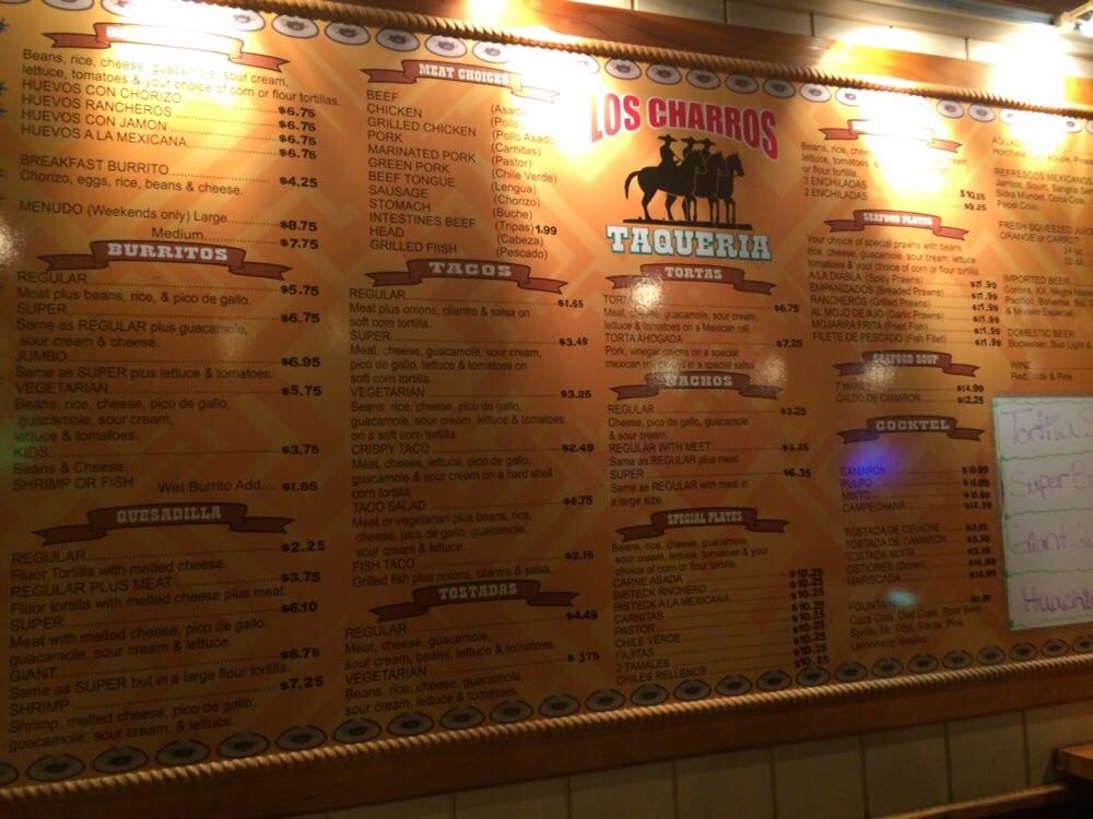 Menu at Los Charros Taqueria restaurant, Yuba City