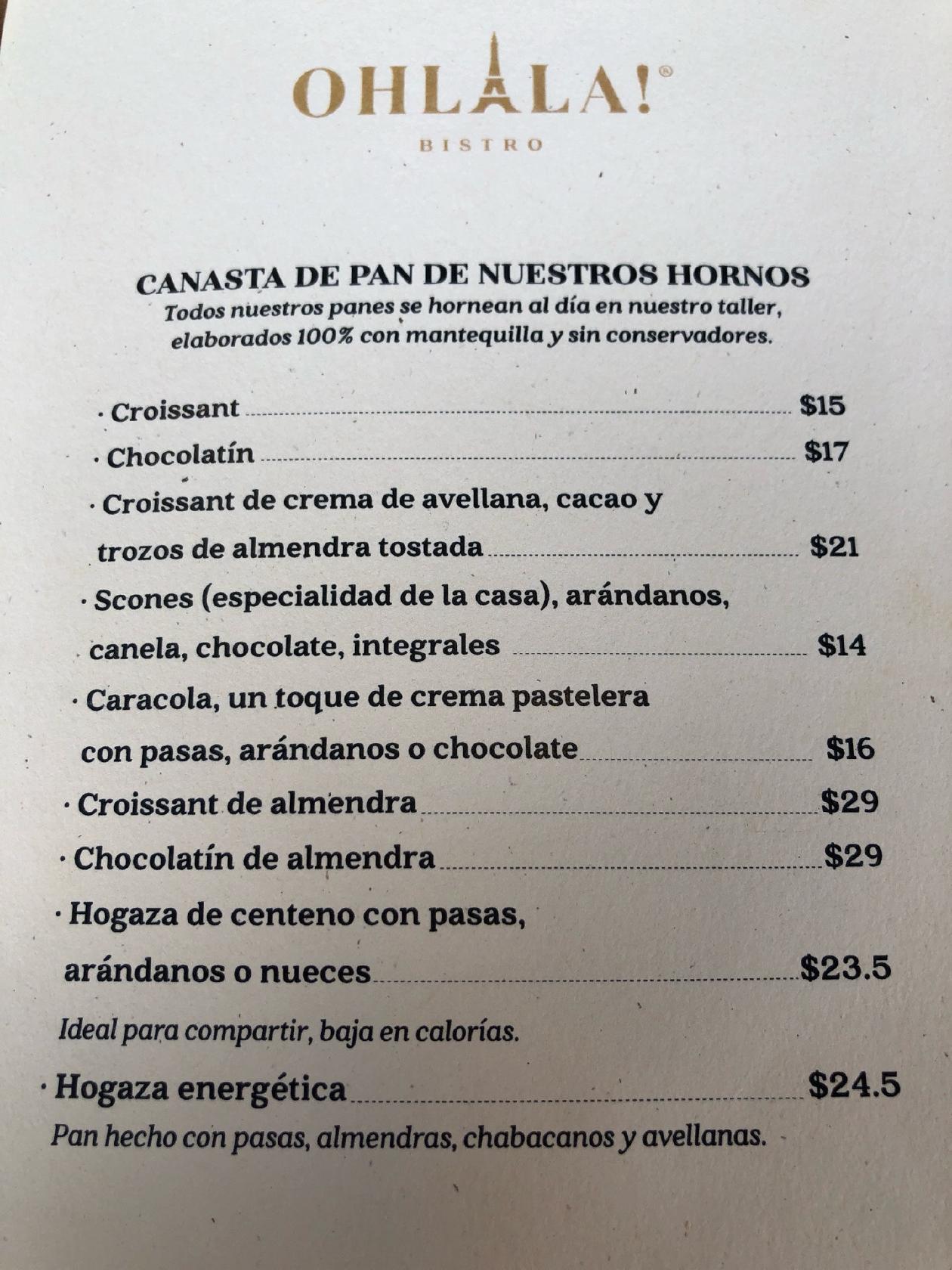 Menu at Oh La La! Panadería Francesa, Guadalajara