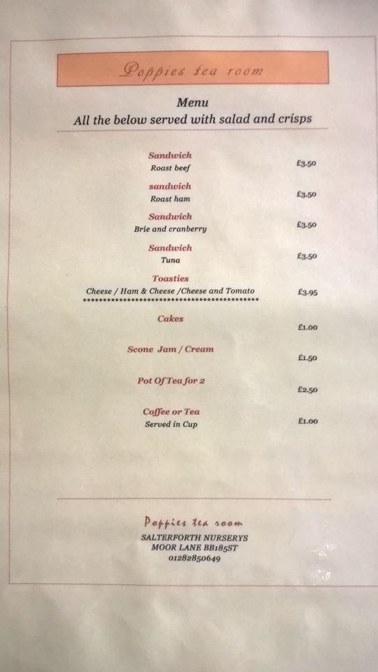 Menu at Salterforth Tea room restaurant, Barnoldswick