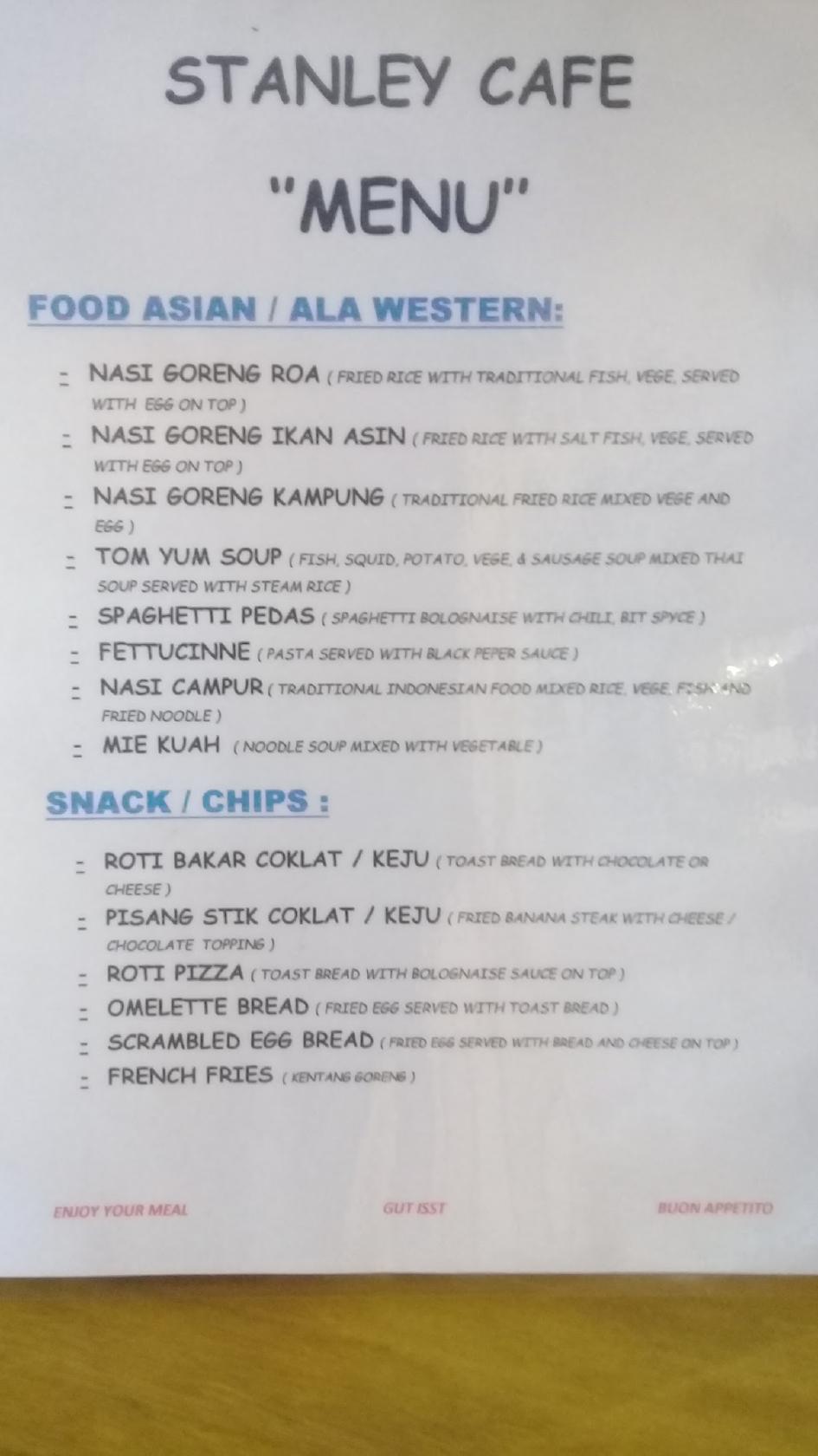 Menu at Stanley Cafe, Tentena