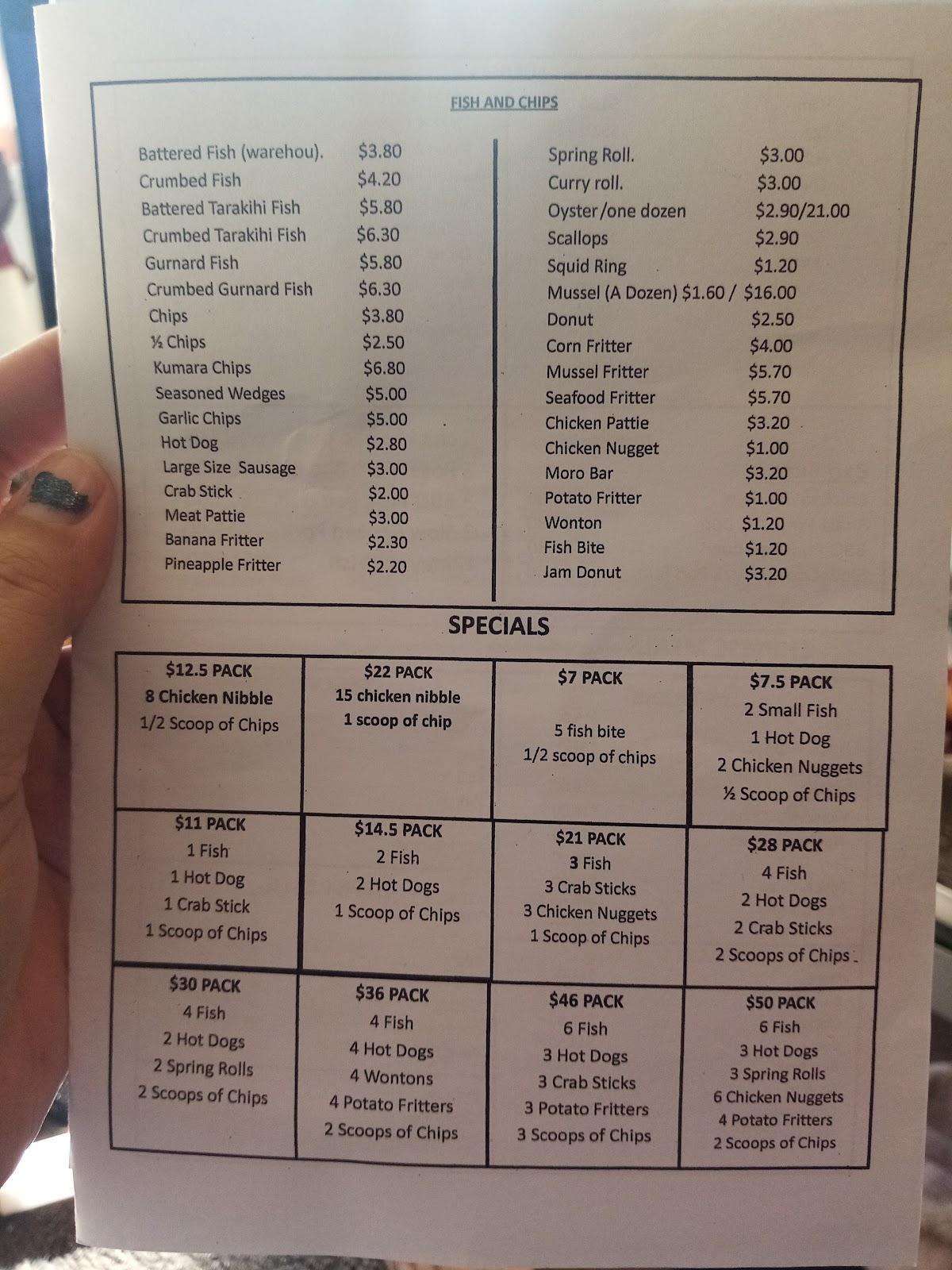 Menu at Terrace End Takeaways fast food, Palmerston North