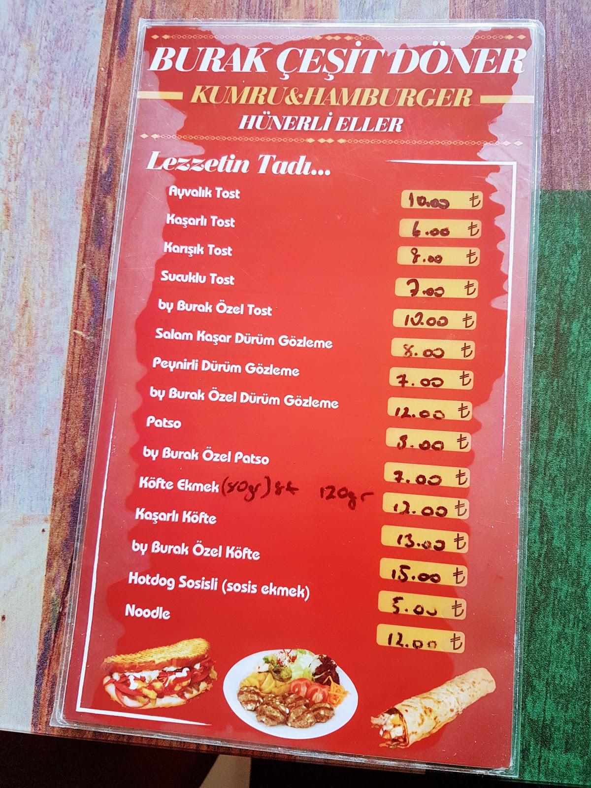 Menu at BURAK ÇEŞİT DÖNER, Erzurum