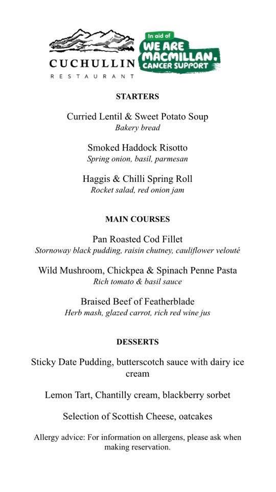 Menu at Cuchullin Restaurant, Portree