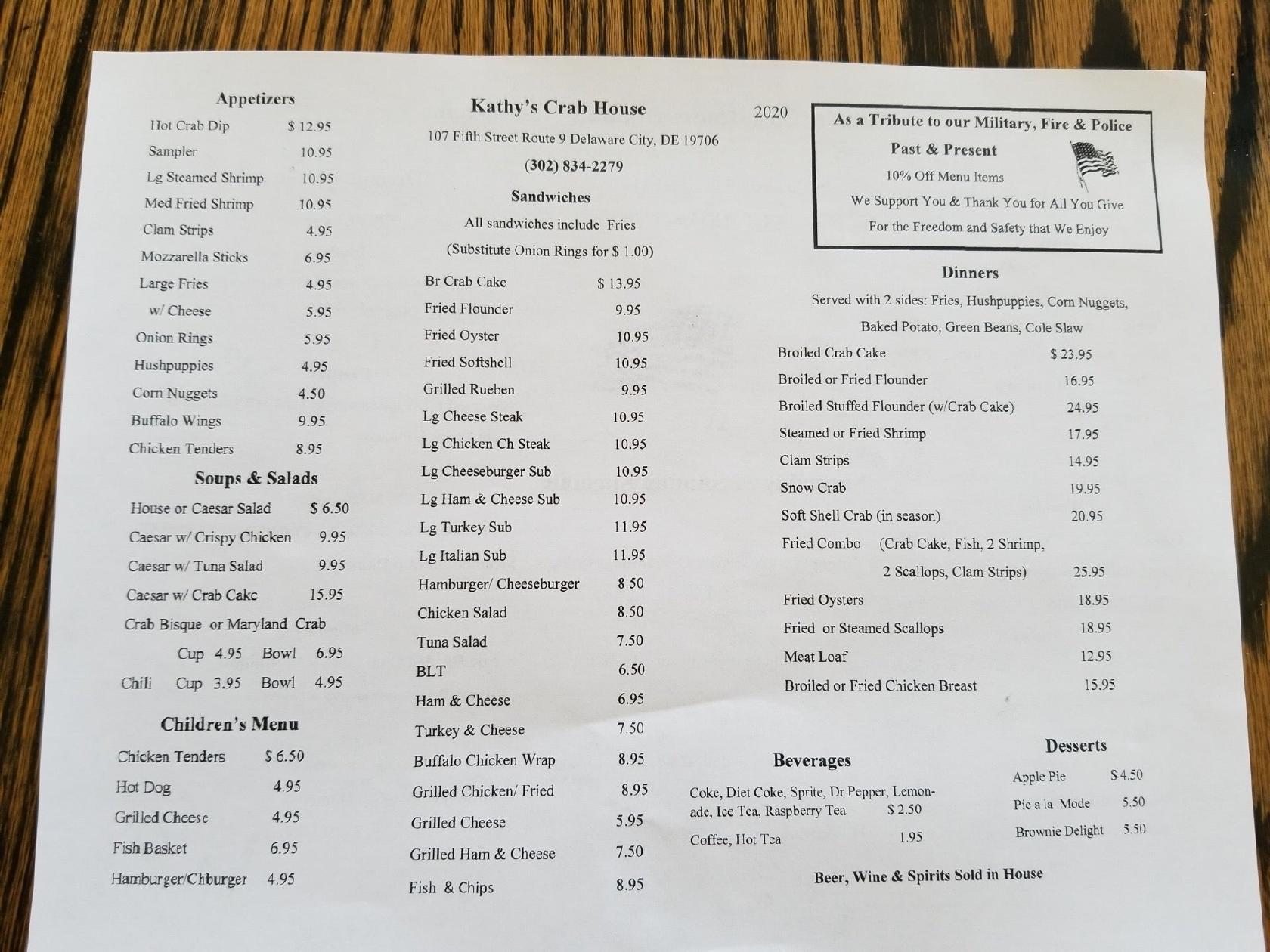 Menu at Kathy's Crab House restaurant, Delaware City