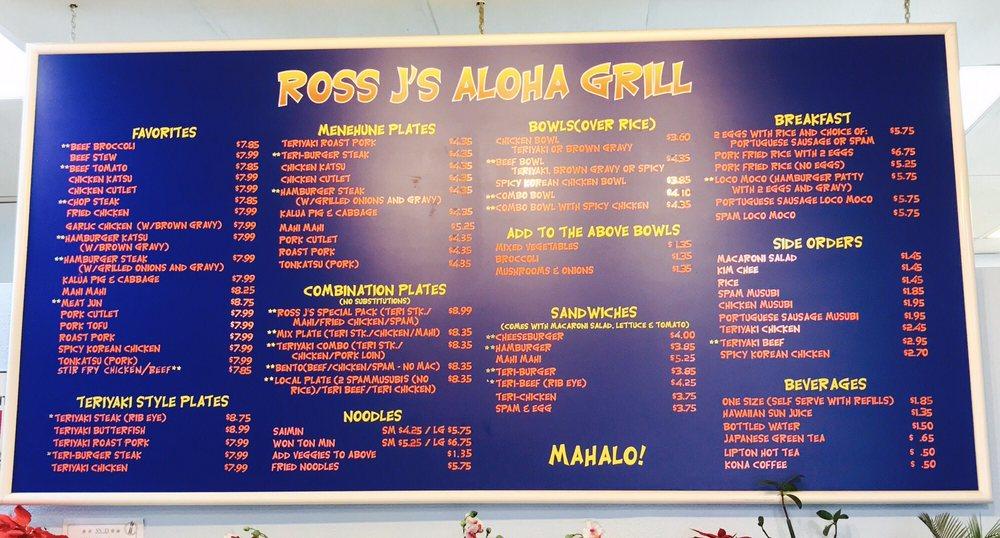 Menu at Ross J's Aloha Grill restaurant, Henderson, Sunset Rd
