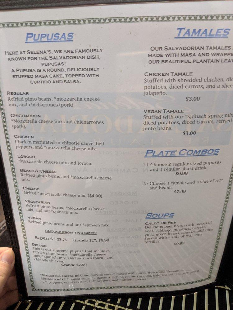 Menu at Selena's Salvadorian Restaurant, Tucson