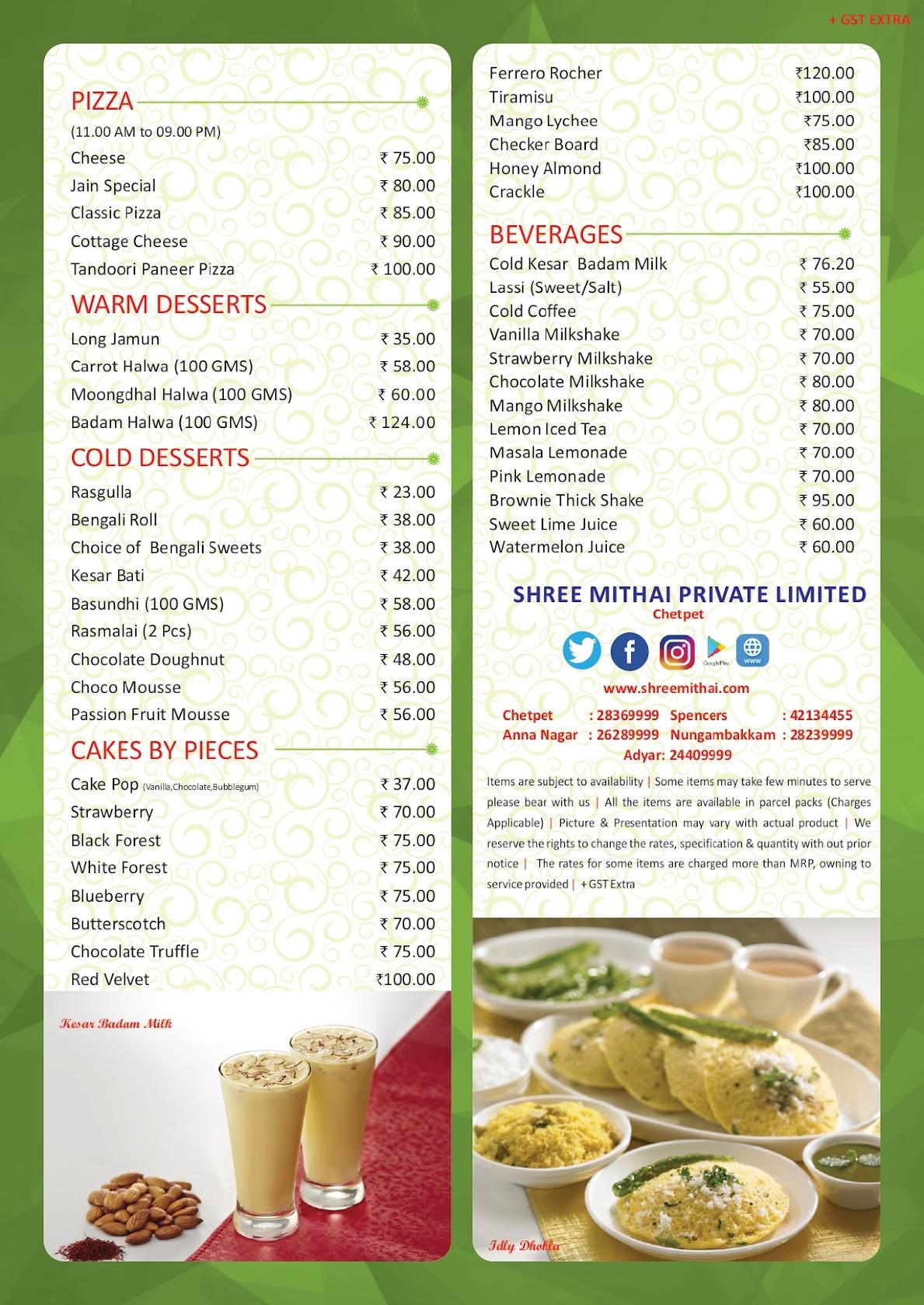Menu at Shree Mithai, Chennai, 18