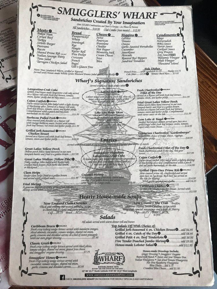 Menu at Smugglers' Wharf restaurant, Erie
